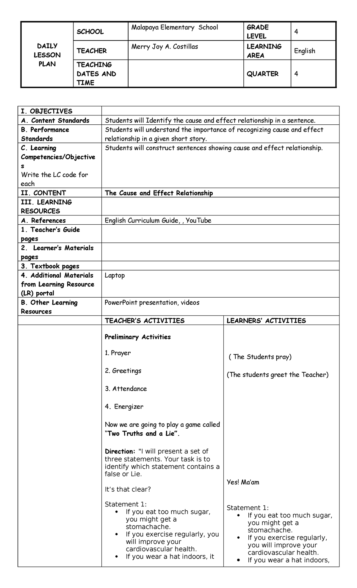 Daily Lesson Plan: Cause and Effect in English (Grade 4) - Studocu