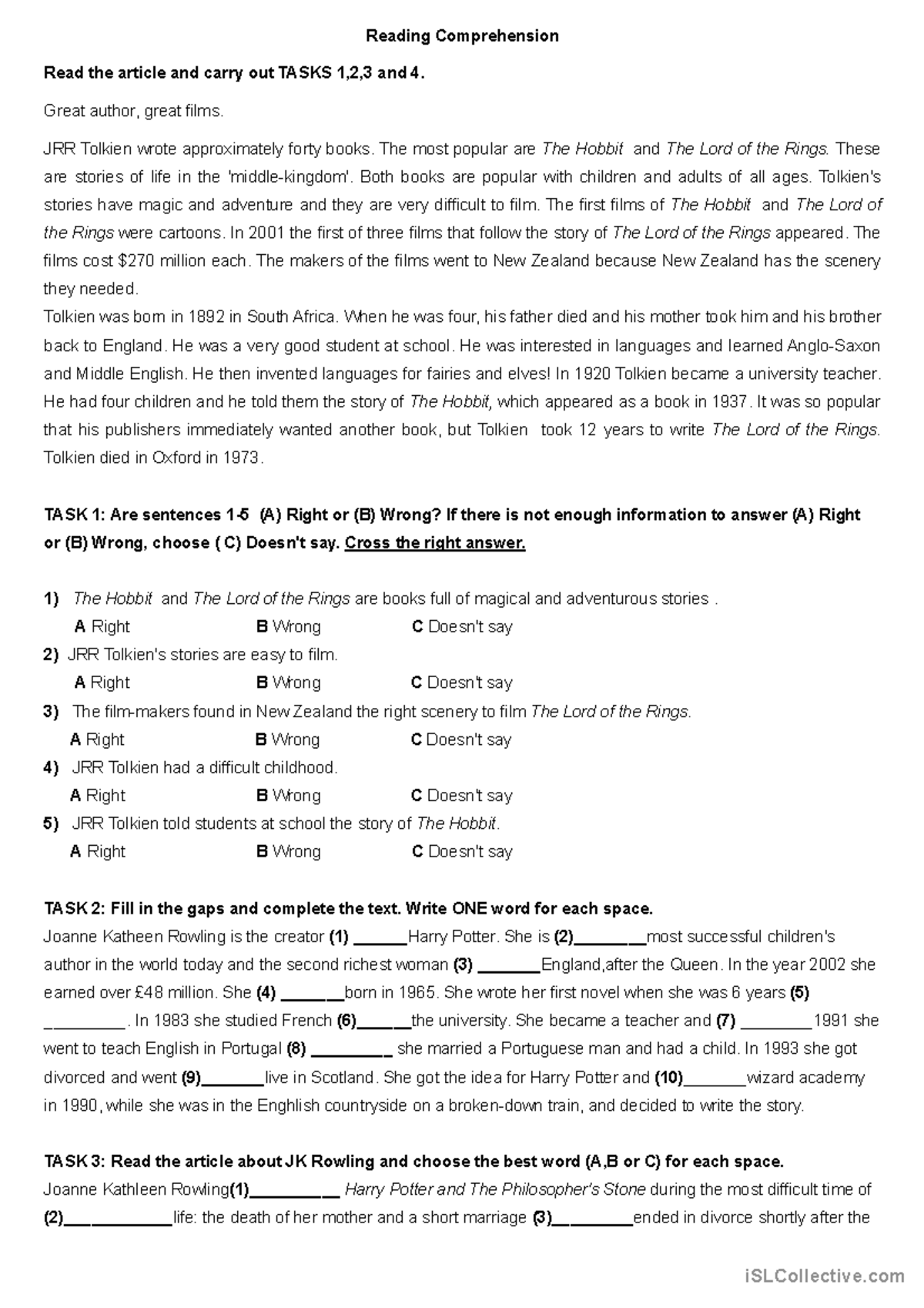 Reading Comprehension Tasks on JRR Tolkien & JK Rowling Insights - Studocu