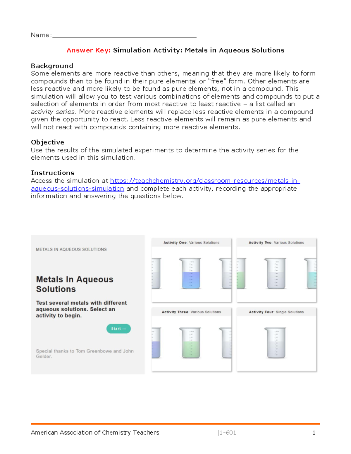 Answer Key: Simulation Activity - Metals in Aqueous Solutions (Chem 101 ...