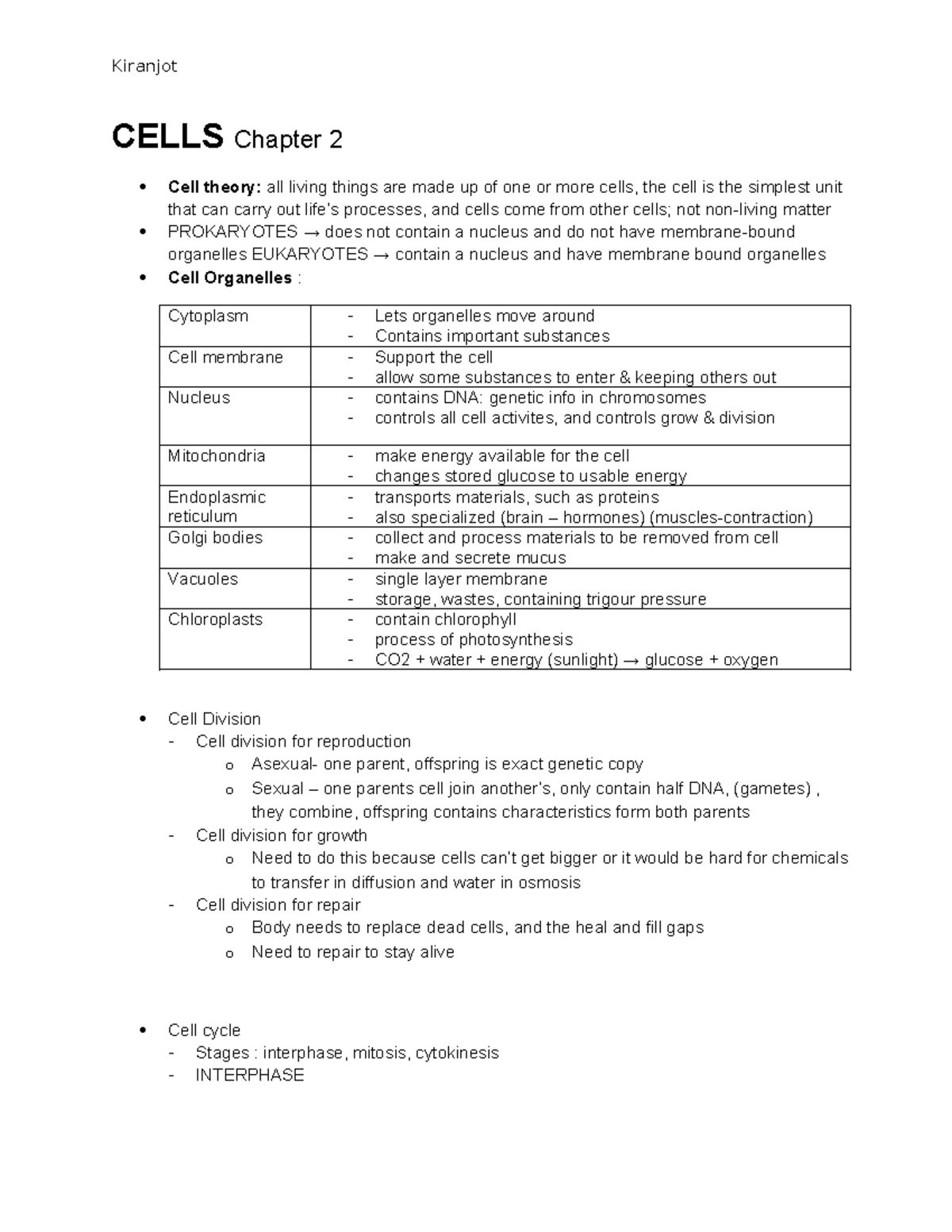 123069402 Grade 10 Biology Notes - CELLS Chapter 2 Cell theory: all living things are made up of ...