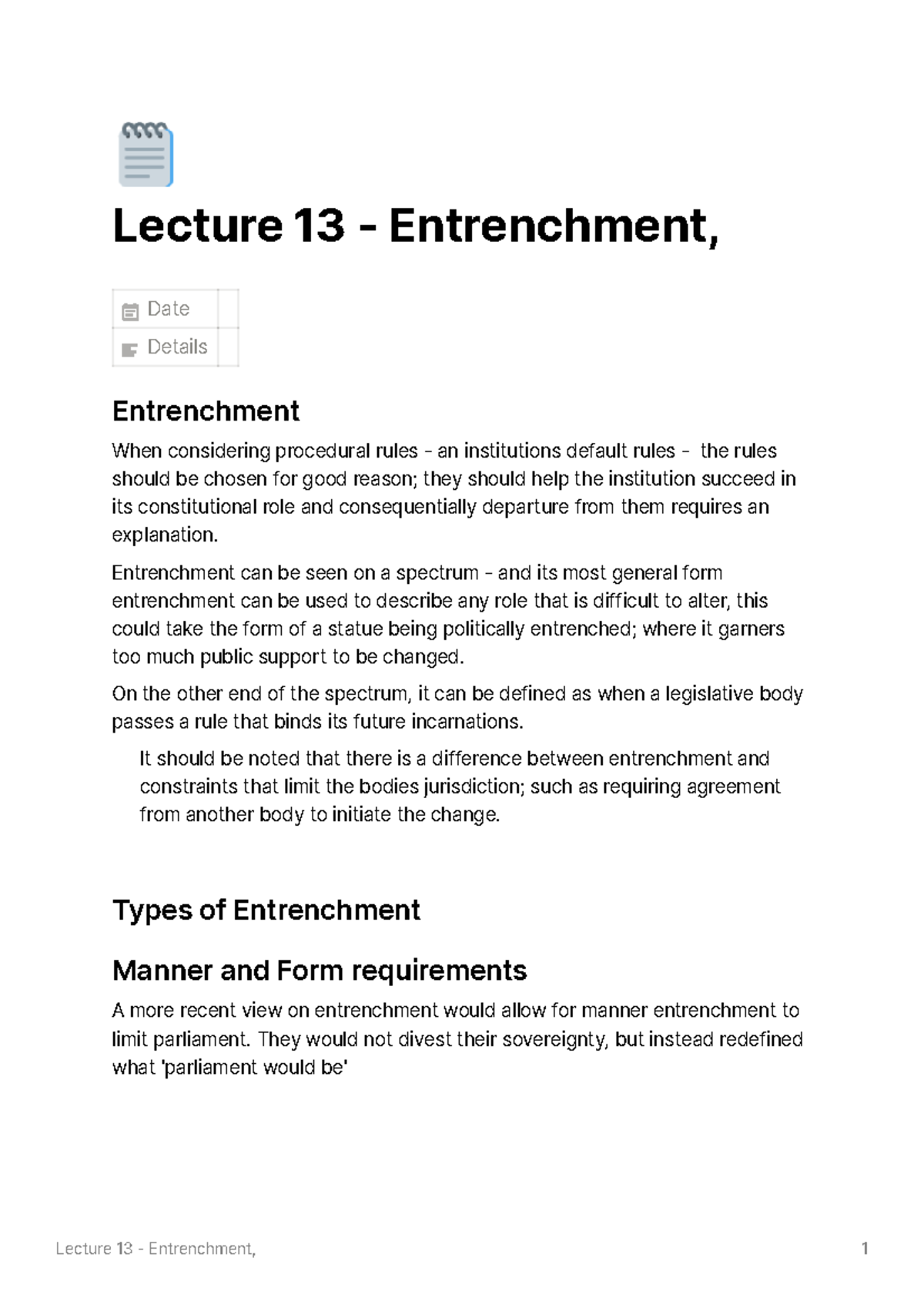 Entrenchment of law - 🗒 Lecture 13 - Entrenchment, Date Details ...