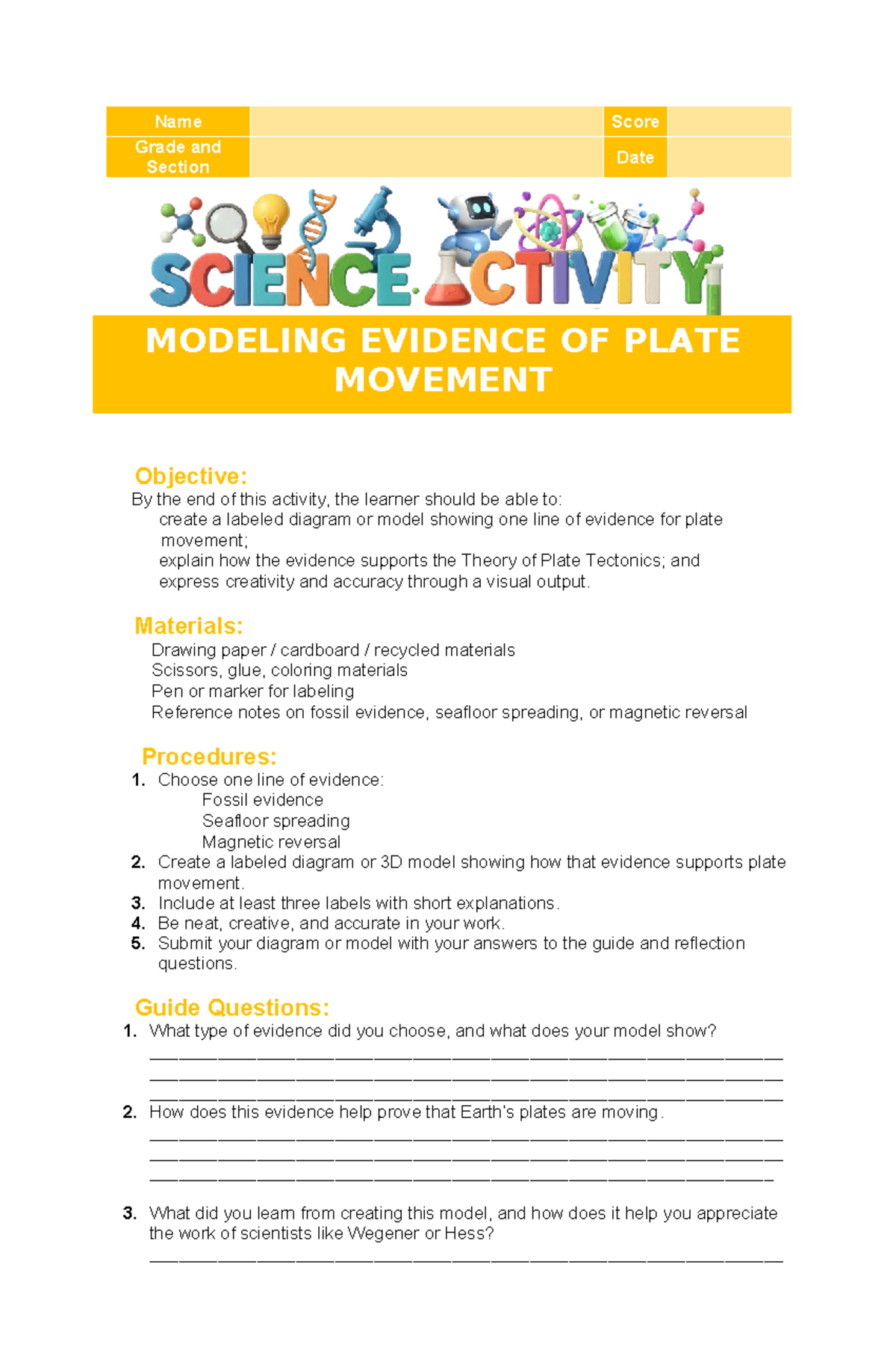 Modeling Evidence of Plate Movement: Worksheet for Earth Science 101 ...