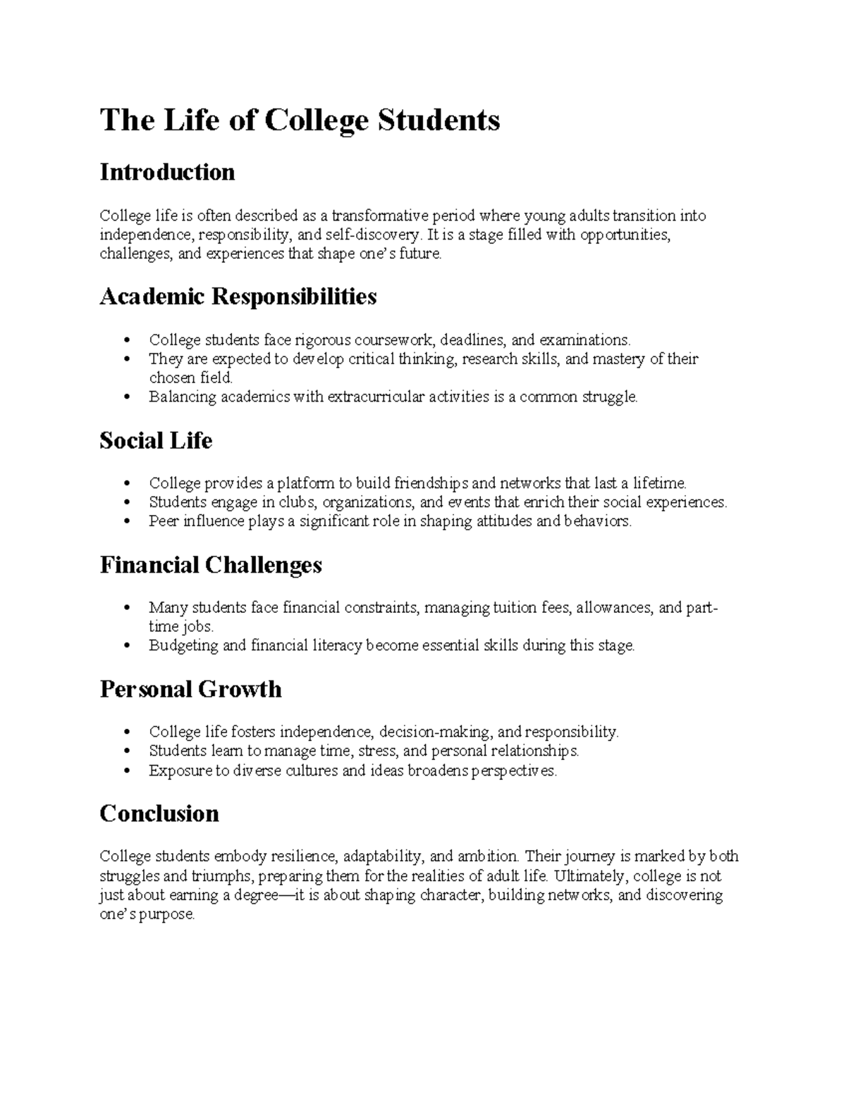 The Life of College Students: Challenges and Growth Insights - Studocu