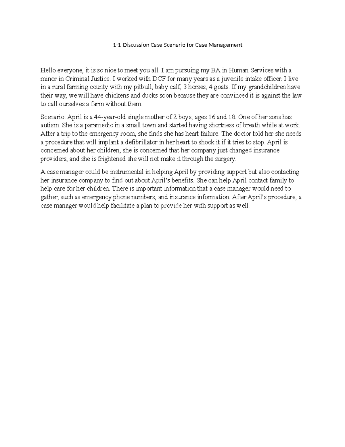 BA Human Services 1-1 Discussion: Case Management Scenario Analysis ...