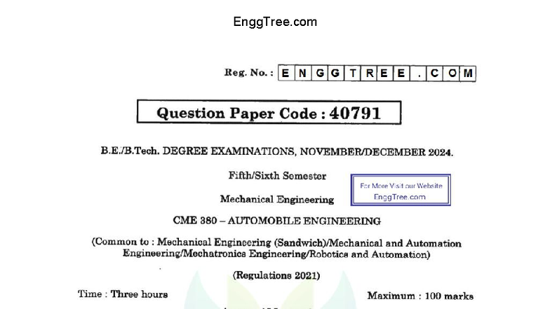 CME380 Automobile Engineering Nov Dec 2024 Question Paper Download ...