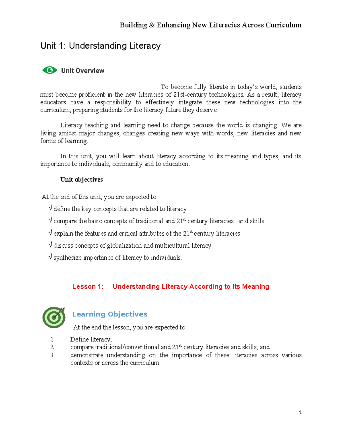 Unit 1: Understanding Literacy - Lessons 1 to 3 Overview - Studocu