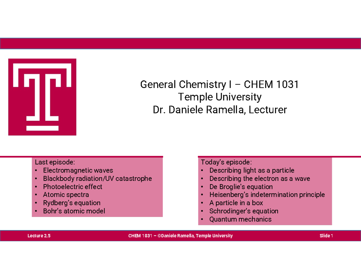 Lecture 2.5 Notes on Quantum Mechanics - CHEM 1031 - Dr. Ramella - Studocu