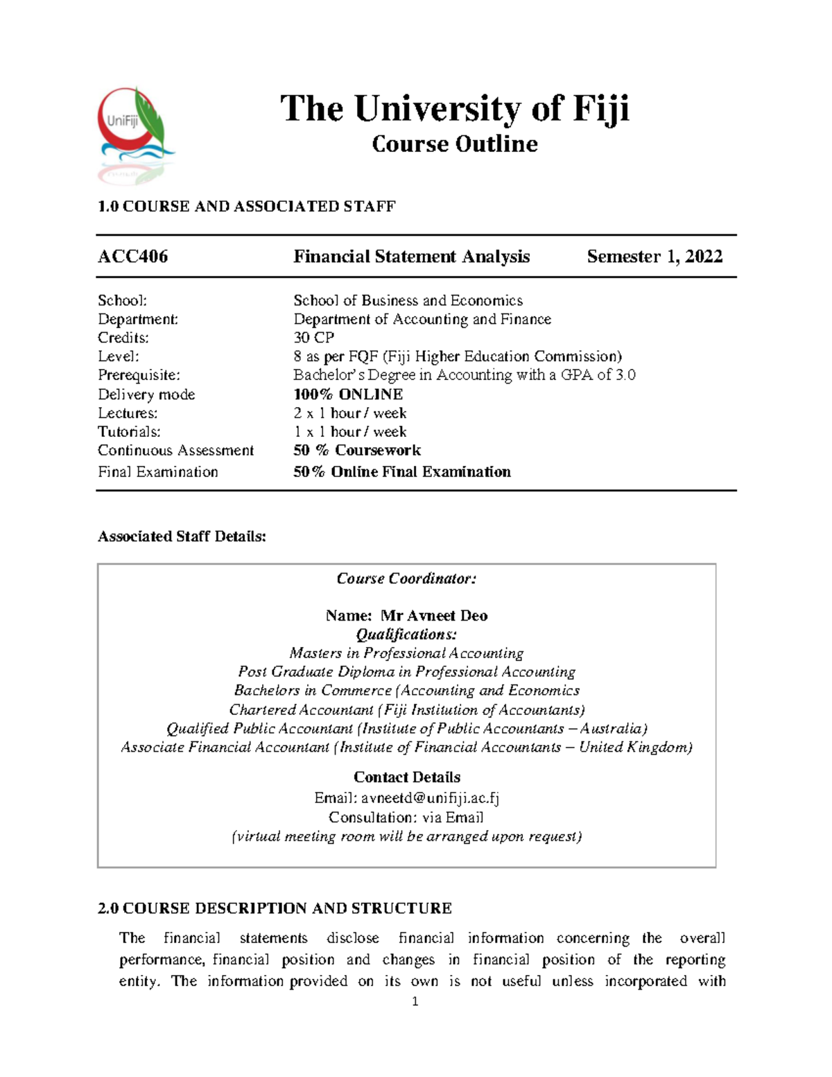 ACC406 Financial Statement Analysis Course Outline - Sem 1 2022 - Studocu