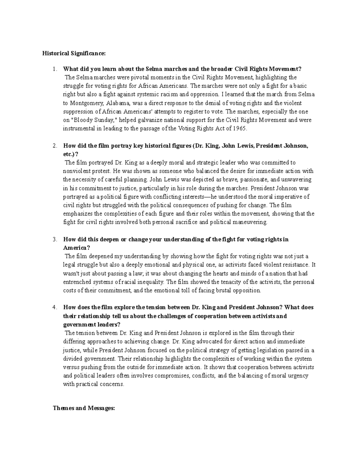 Selma Movie Reflection: Insights on Civil Rights & Voting Rights - Studocu