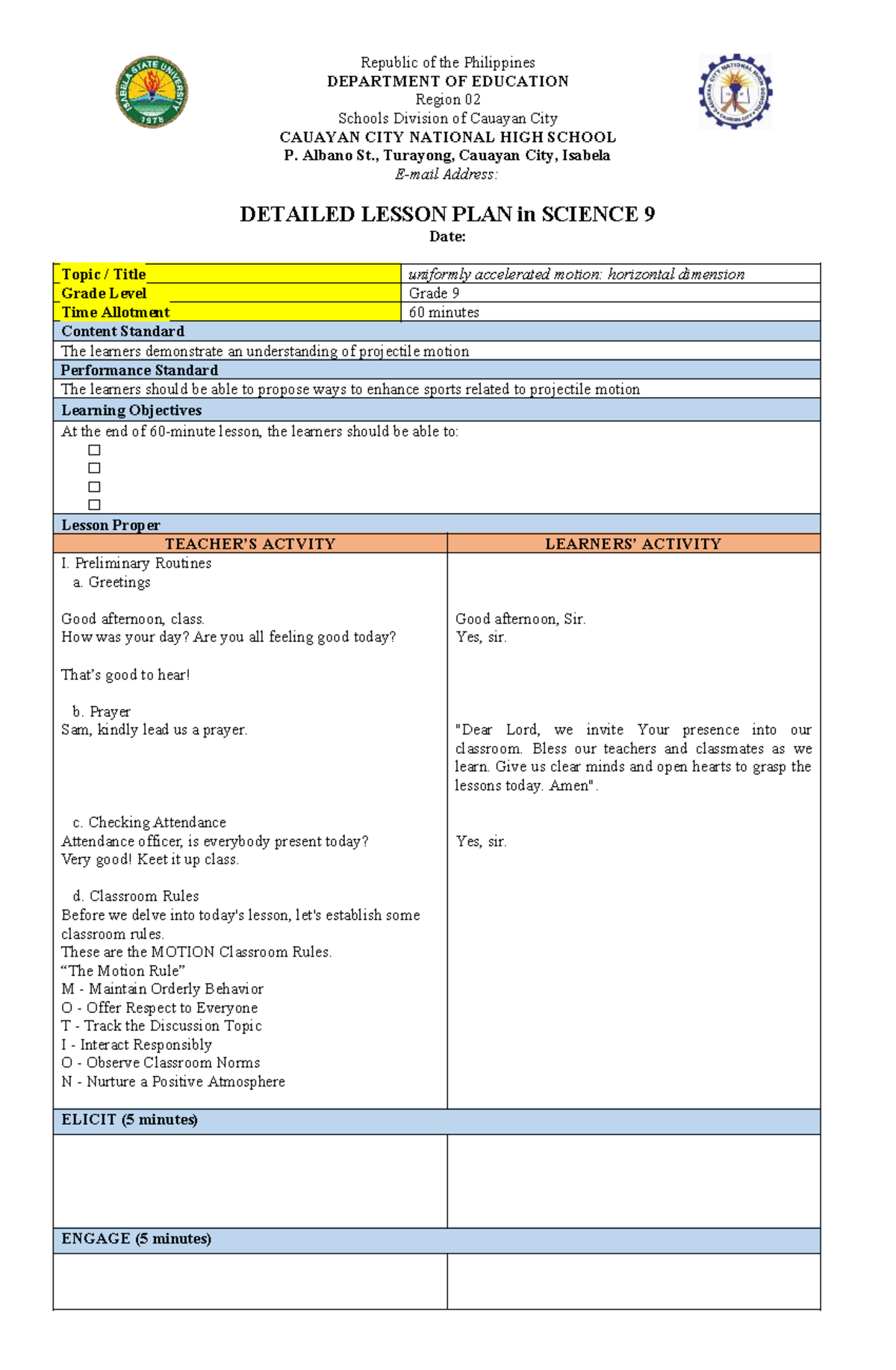 DLP: Science 9 Lesson Plan on Uniformly Accelerated Motion - Studocu