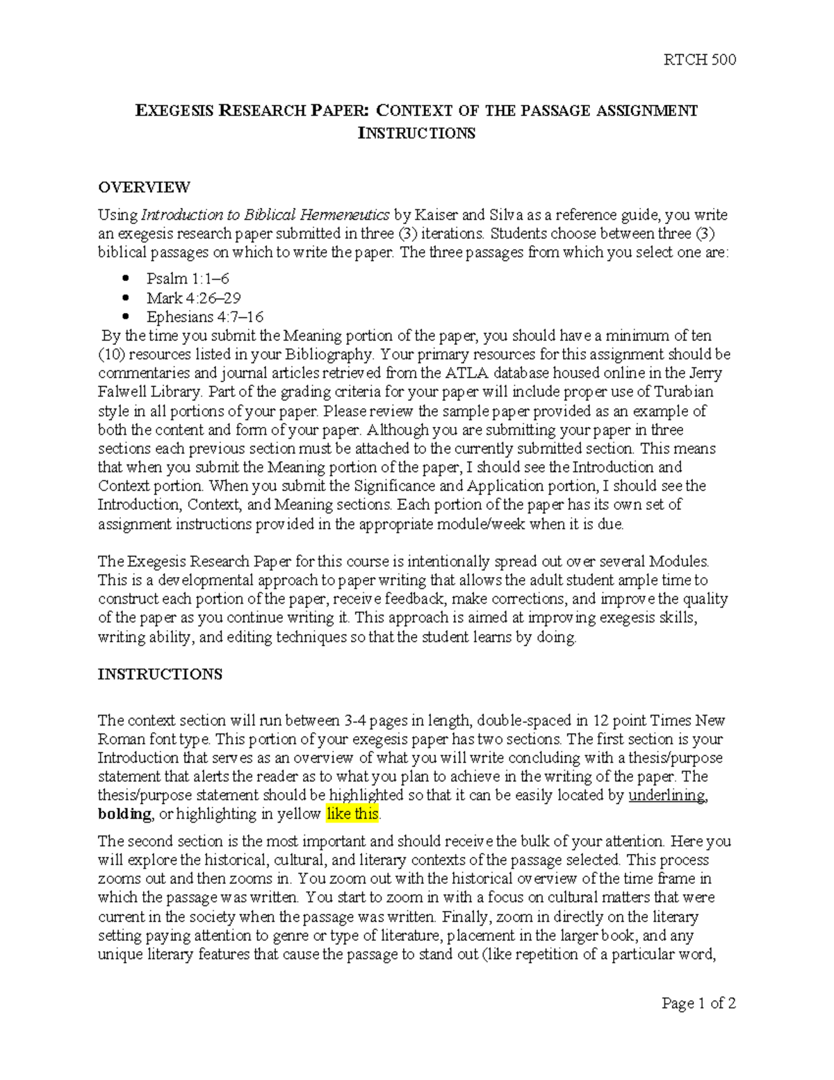 RTCH 500 Exegesis Research Paper: Context of the Passage Instructions ...