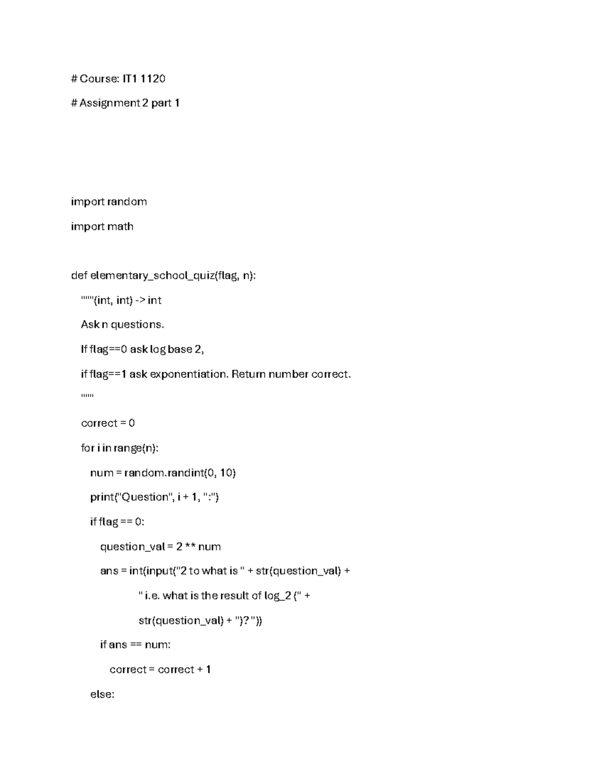 IT1 1120 Assignment 2 Part 1: Elementary & High School Quiz Code - Studocu