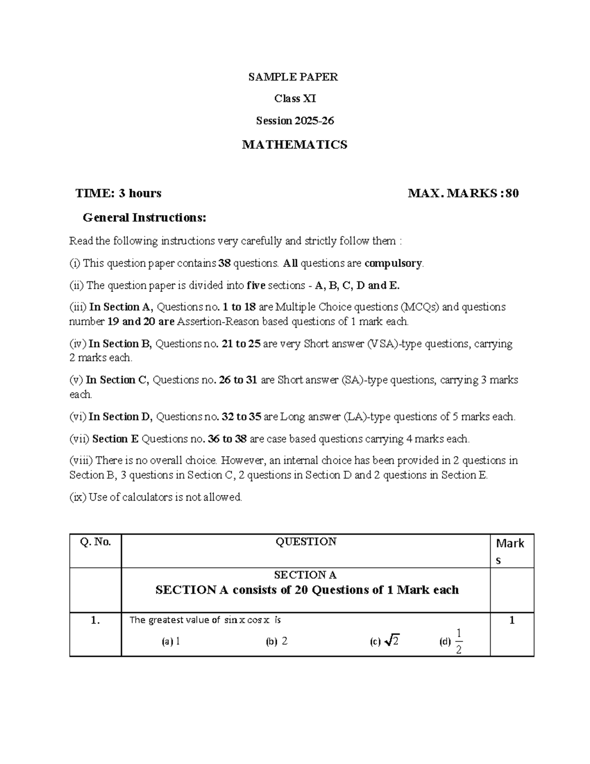 Class XI MATHEMATICS Sample Question Paper - 3 Hours - Studocu