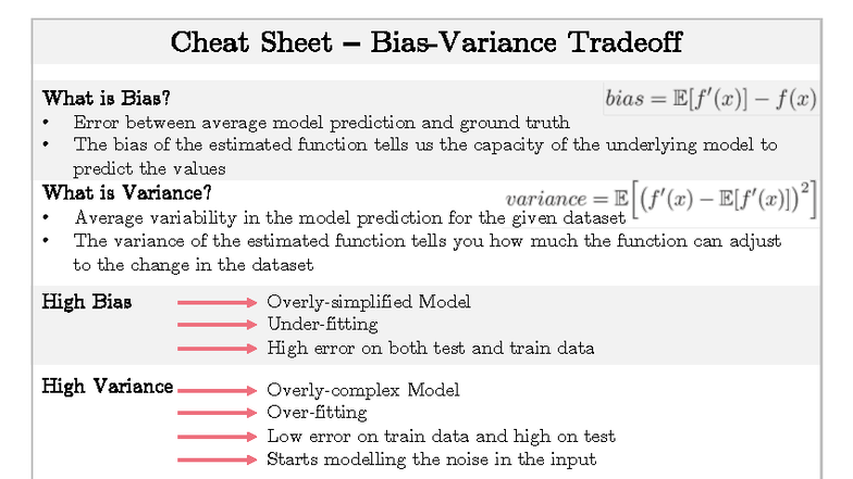 ML Cheat Sheets: Bias-Variance Tradeoff & Performance Metrics - Studocu