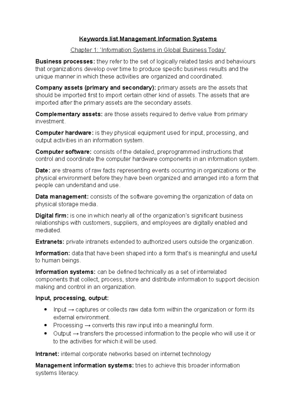 Keywords List for Chapter 1: Information Systems in Global Business ...