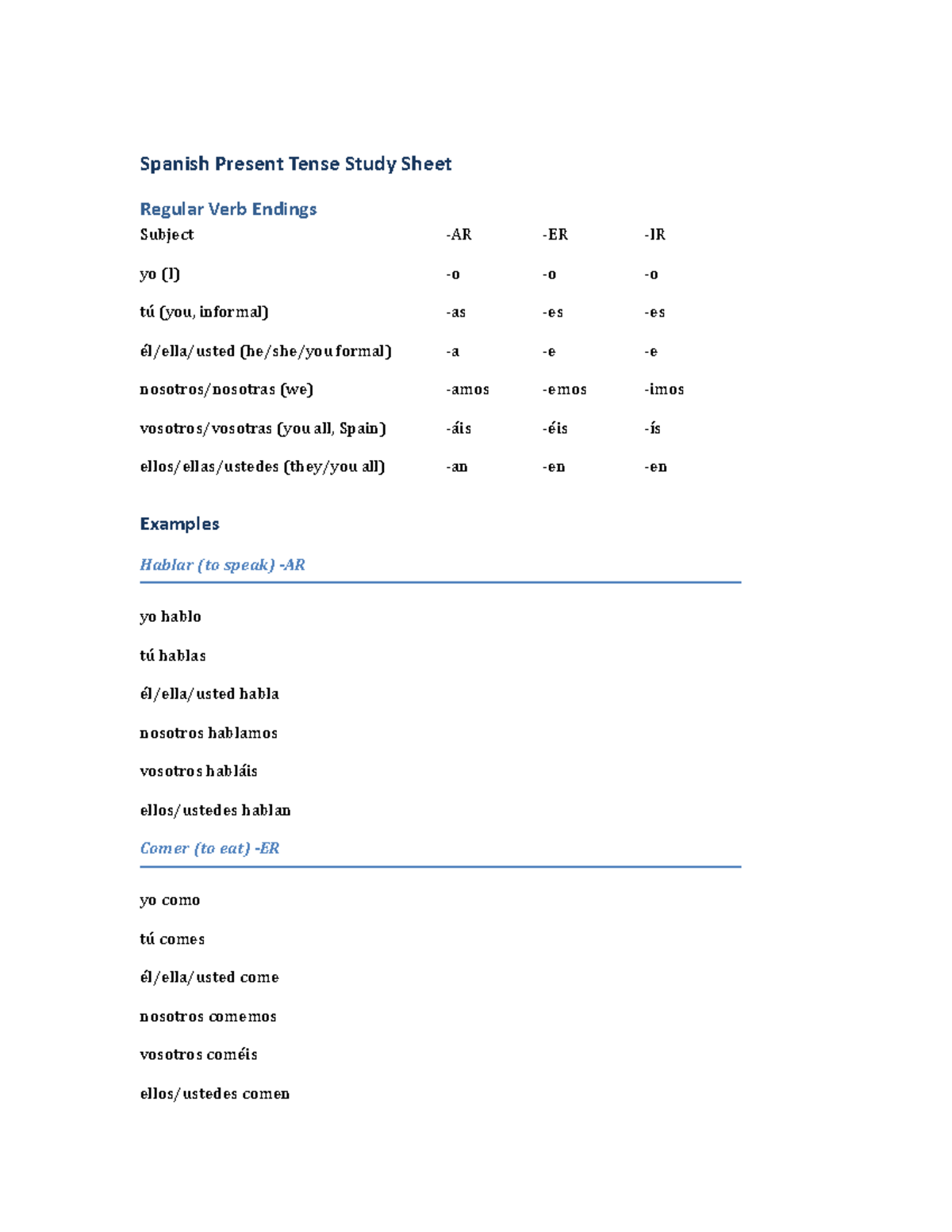 SPAN 200 - Present Tense Regular & Irregular Verbs Study Guide - Studocu