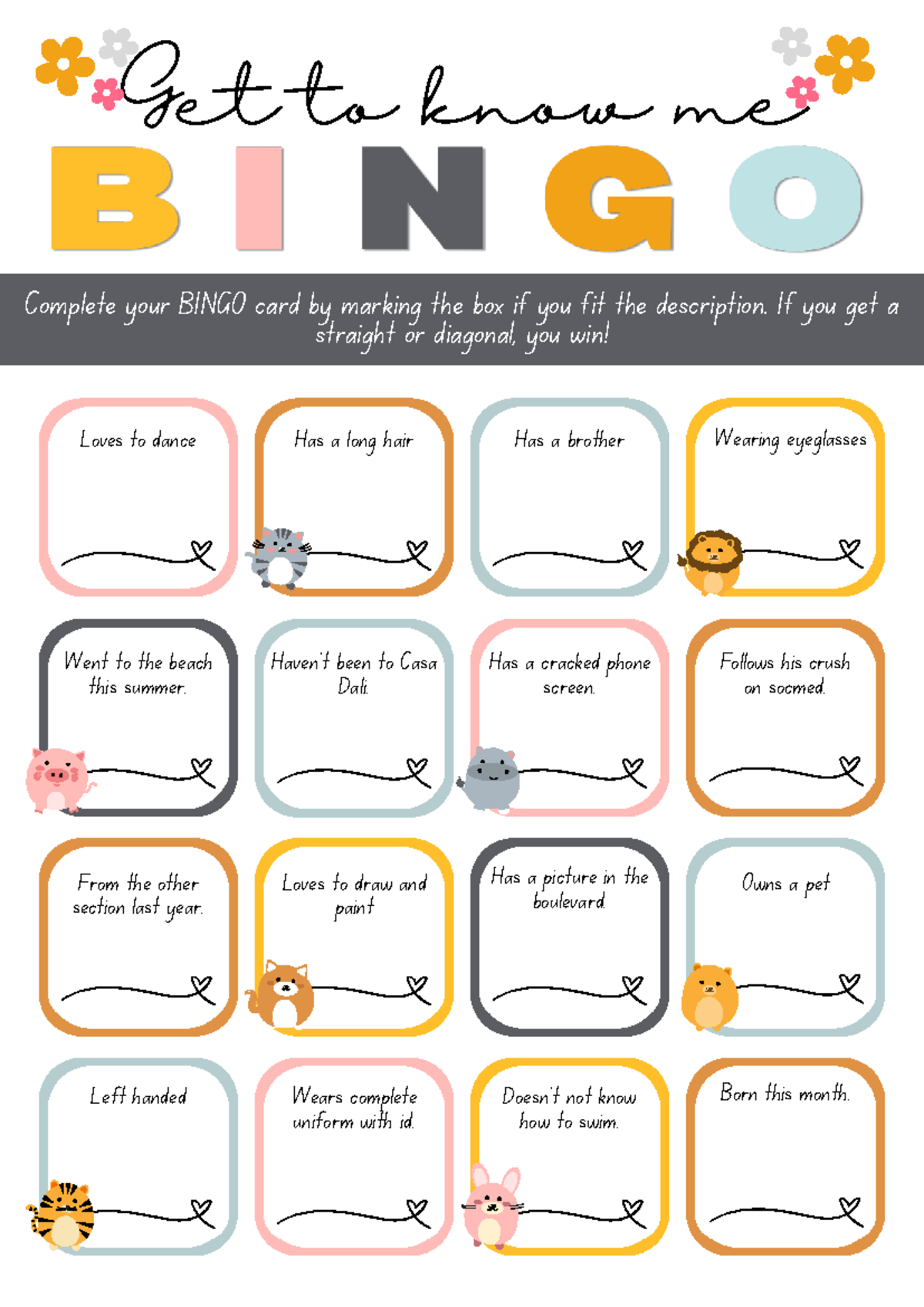 Icebreaker Bingo Activity Worksheet in Pink Yellow Purple Colorful Cute ...