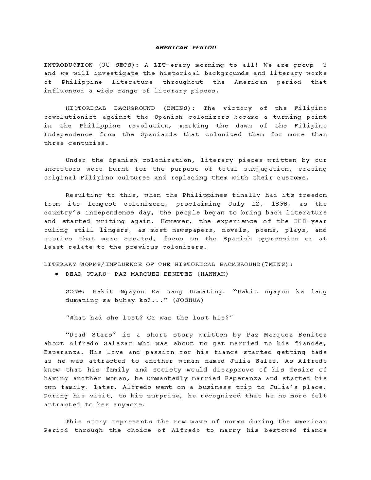 Philippine Literature During the American Period: A Study (ENG 101) - Studocu