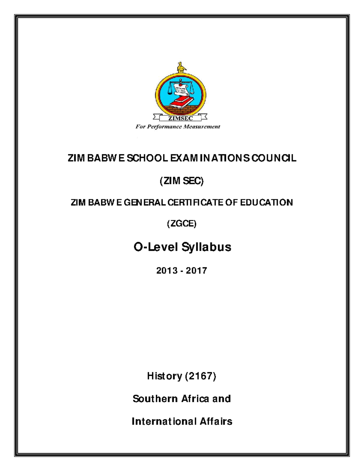 ZIMSEC O Level History Syllabus (2167) 2013-2017: Southern Africa & Int ...