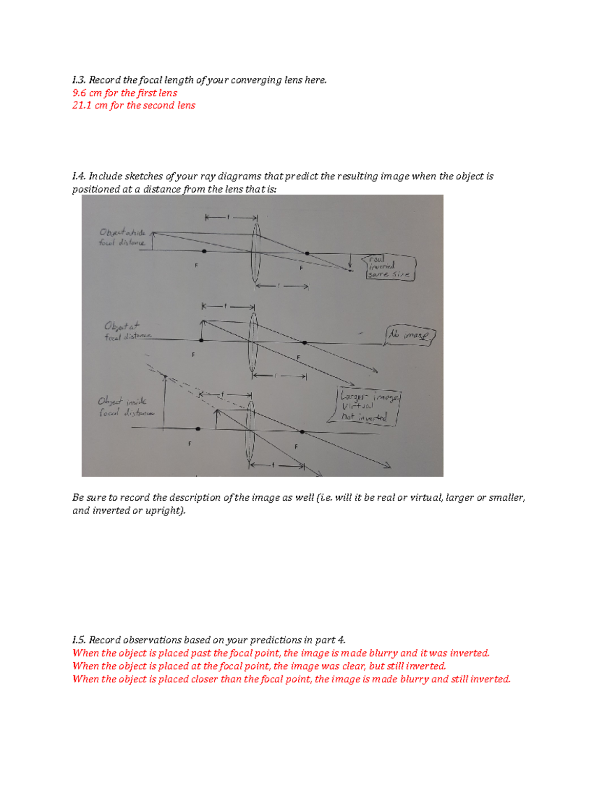 121L Experiment 11 Assignment - I. Record the focal length of your ...