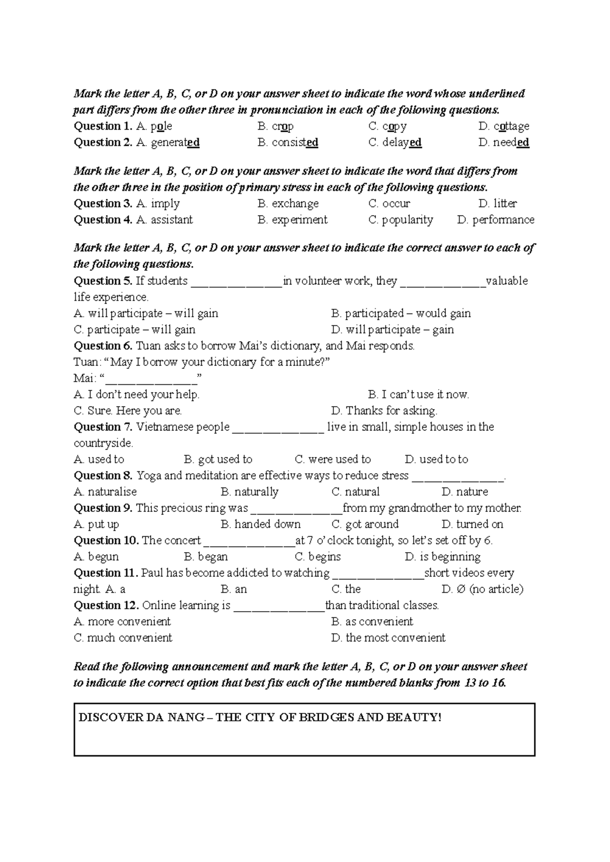 Pronunciation and Stress Practice Questions for English Language ...