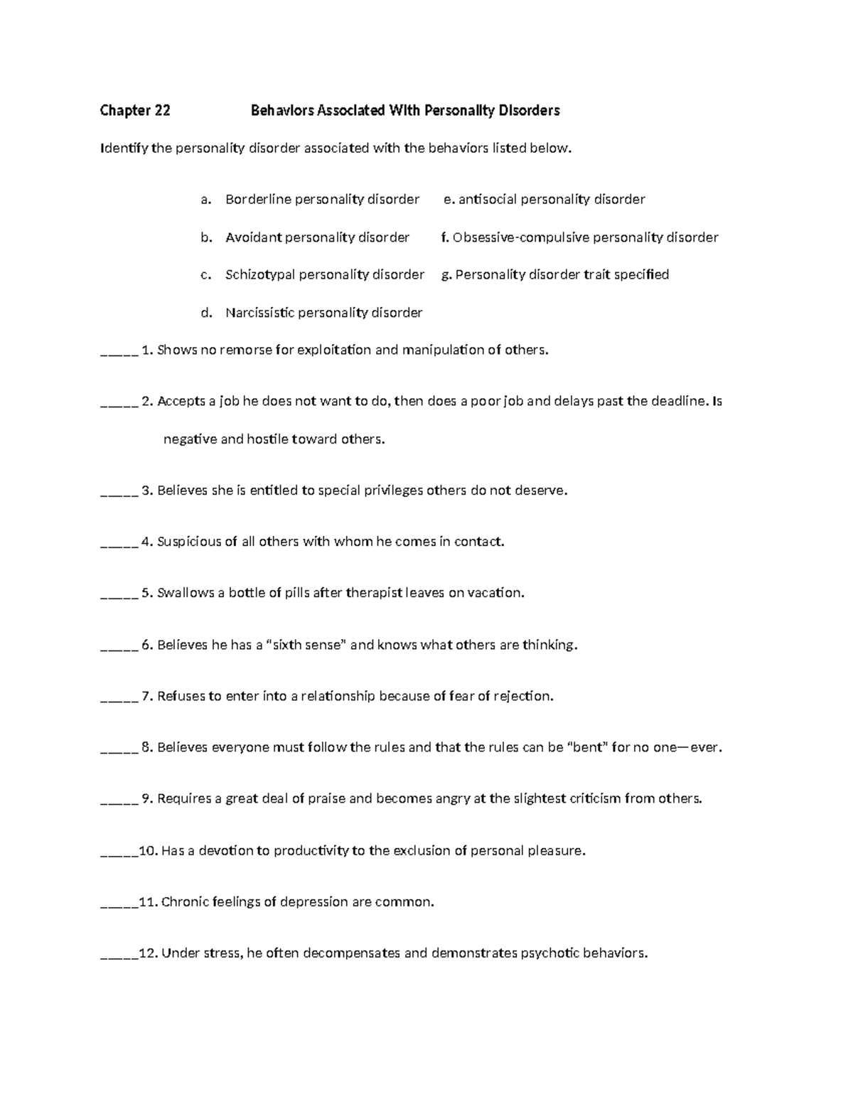 Chapter 22 Activity: Identifying Behaviors of Personality Disorders ...