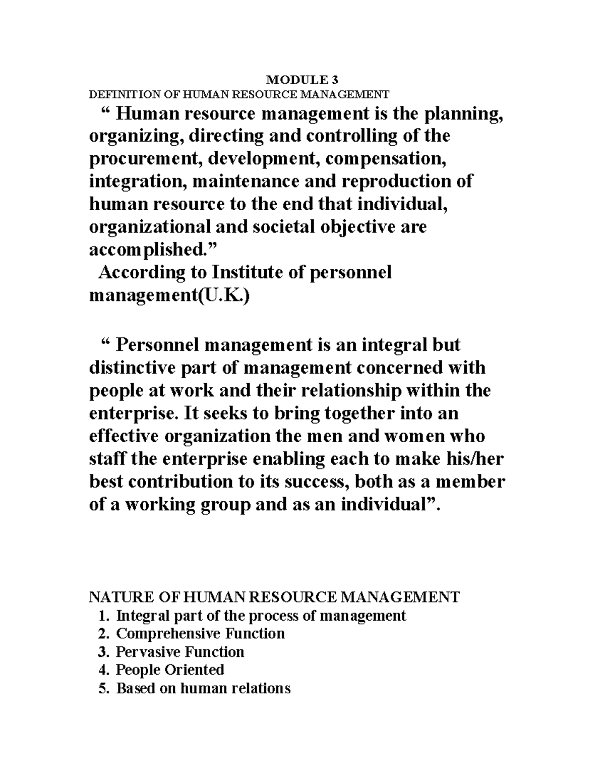 HRM DEFNand HRD - Lecture notes 1 - ####### MODULE 3 DEFINITION OF ...