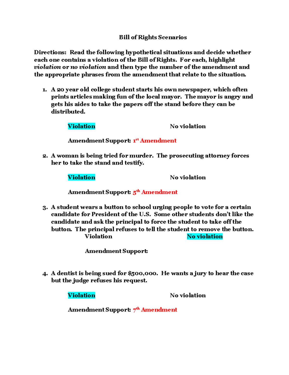 Bill of Rights Scenarios Analysis and Violations Review - Studocu