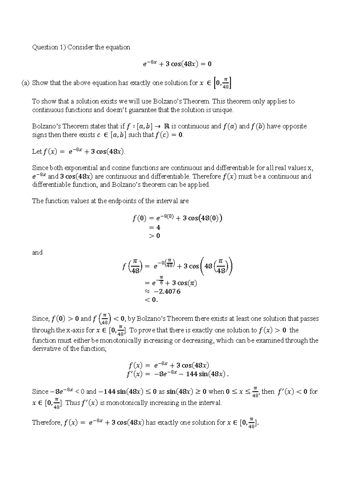 Math1151 assignment - Question 1) Consider the equation 𝑒 − 8 𝑥 3 cos ...