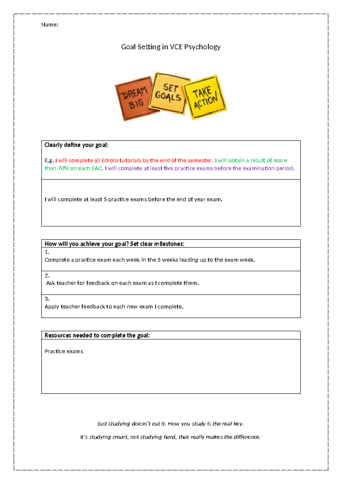 Goal Setting Worksheet for VCE Psychology 12 Psych 2025 - Studocu