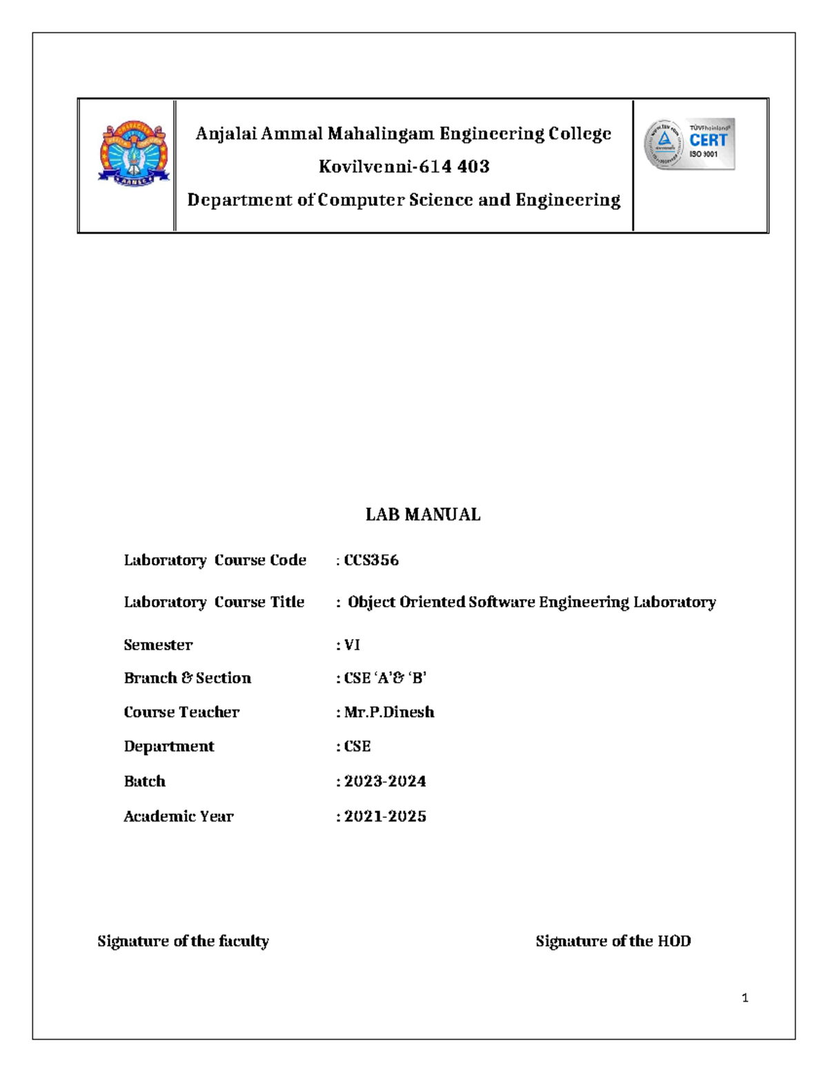 Object Oriented Software Engineering Lab Manual - CCS356 - Studocu