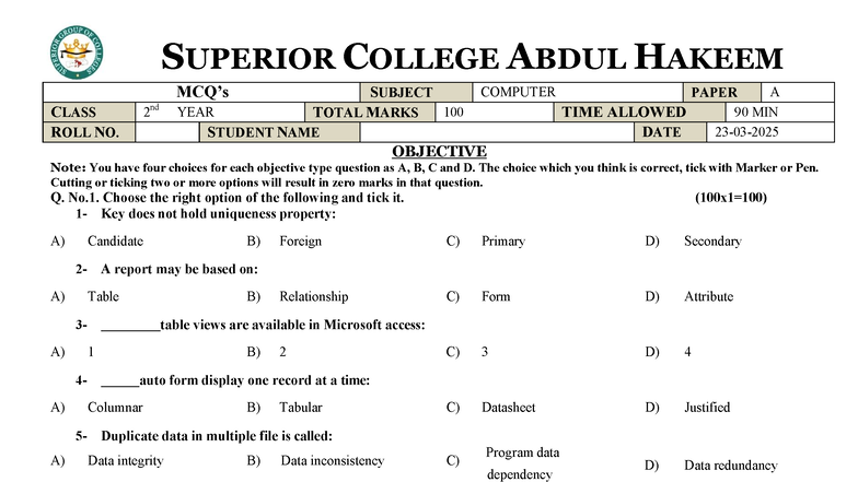 Second Year Elite MCQs for Computer Science (CS 100) - Studocu
