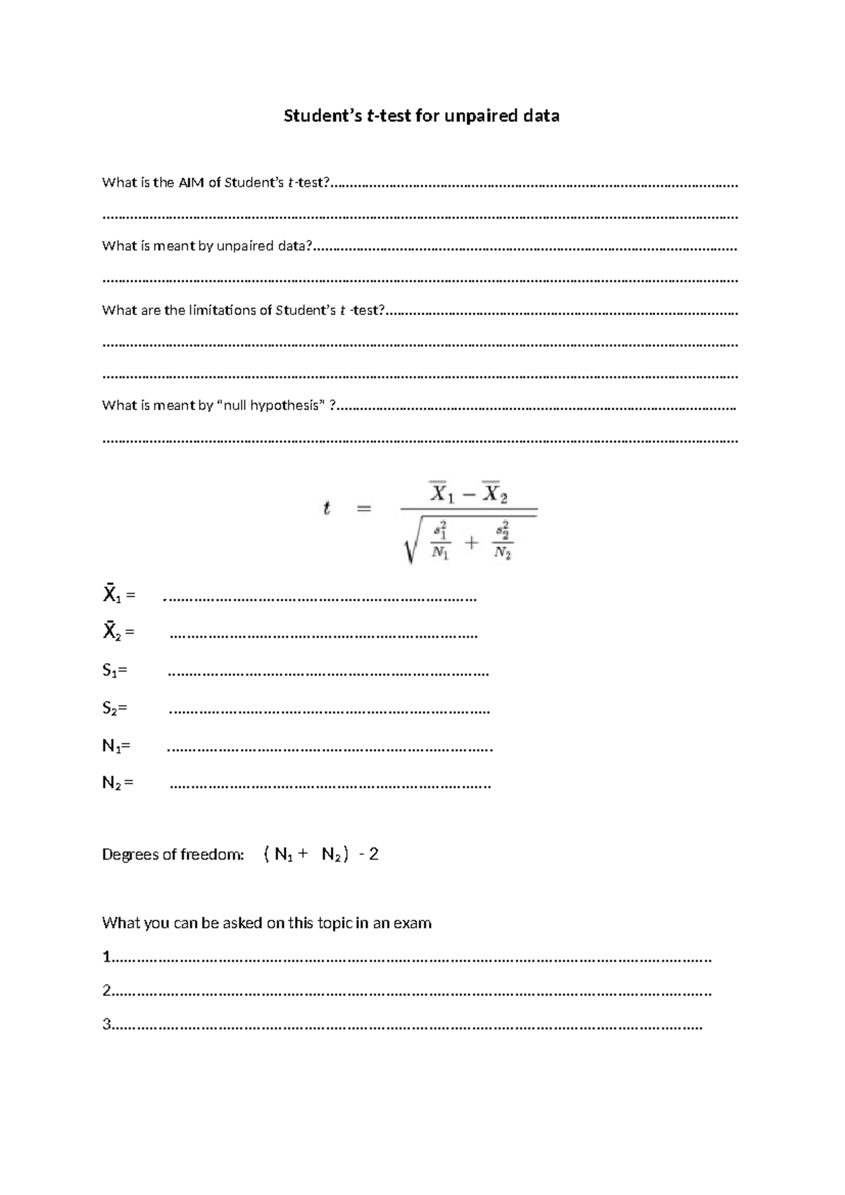 Worksheet on Student's t-test for Unpaired Data Analysis - Studocu