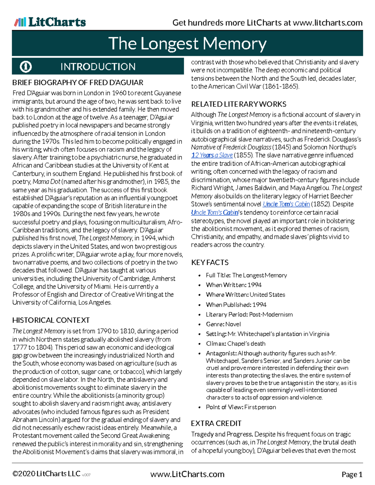 Lit Chart Analysis: The Longest Memory (ENG 101) - Studocu