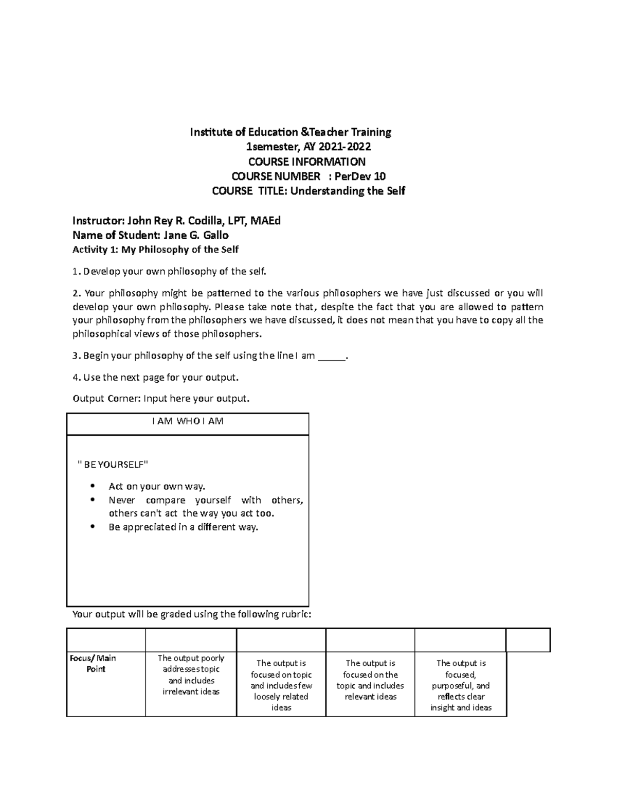 Perdev Activity 1 - Institute of Education &Teacher Training 1 ...