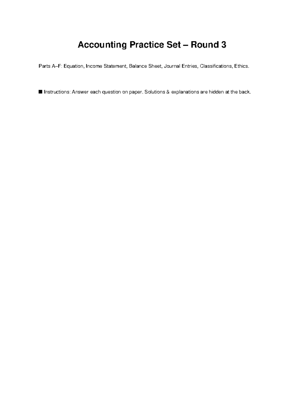 Accounting Practice Test 3: Equation, Income Statement, Balance Sheet ...