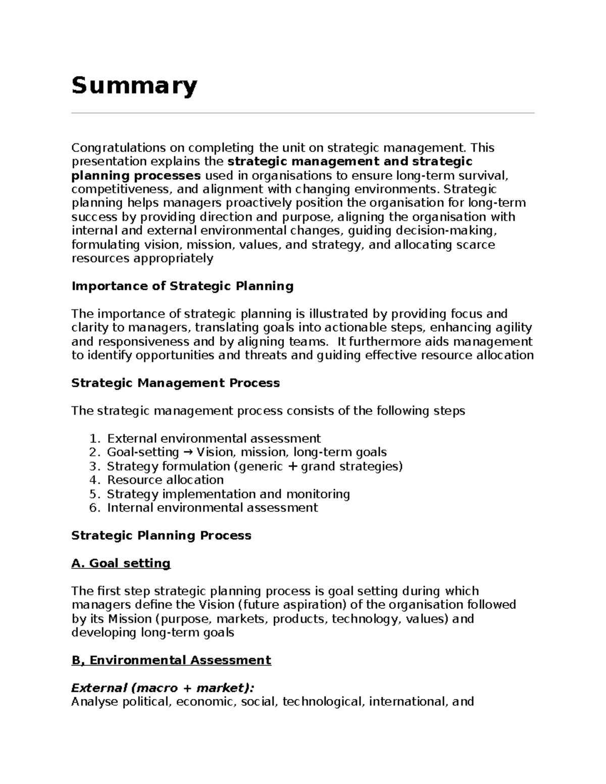 Summary of Unit 2 - Strategic Management Lecture Notes - Studocu