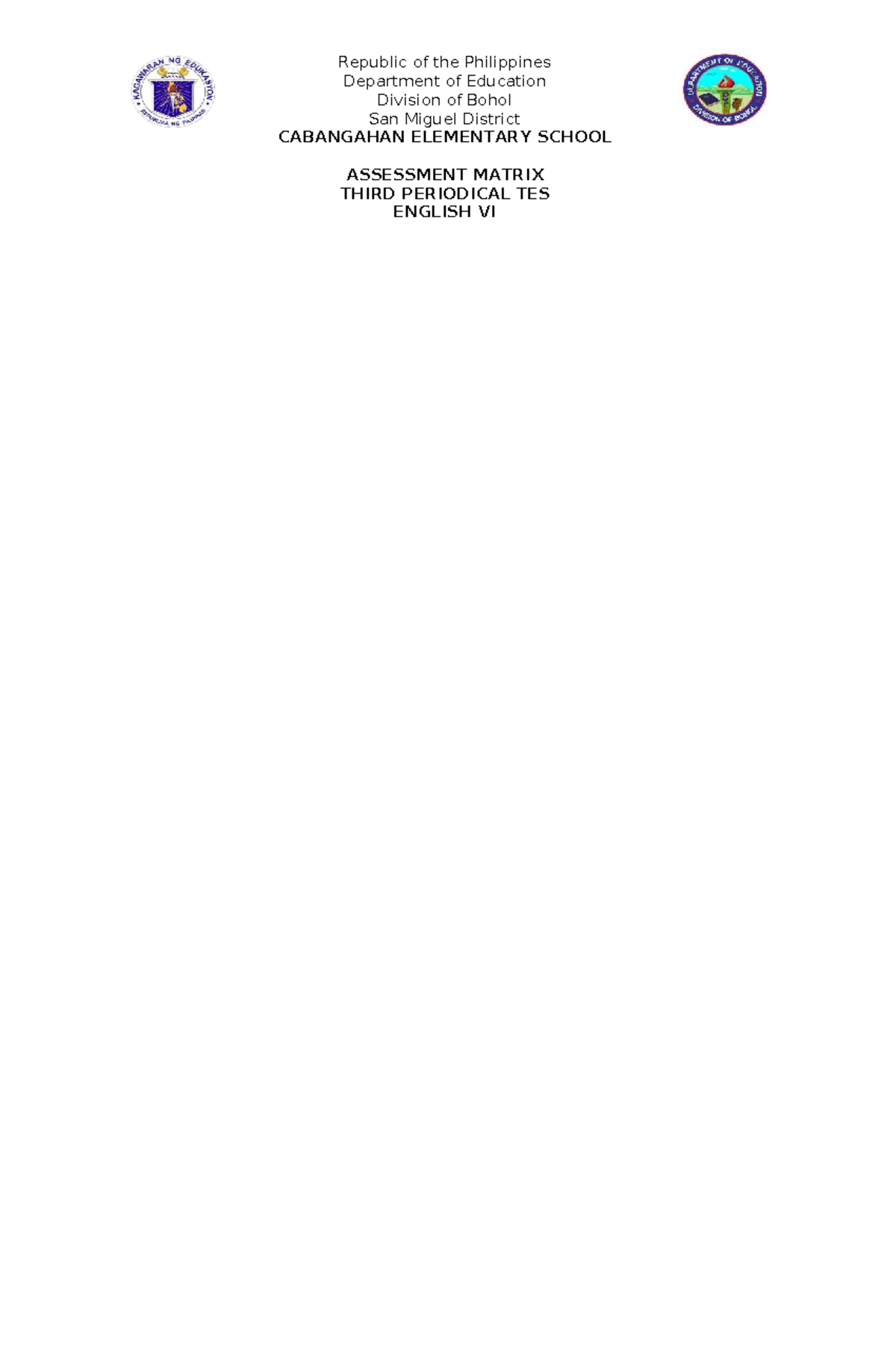 ENG 6 Q3 V2 - Periodical Assessment Matrix for English VI - Studocu