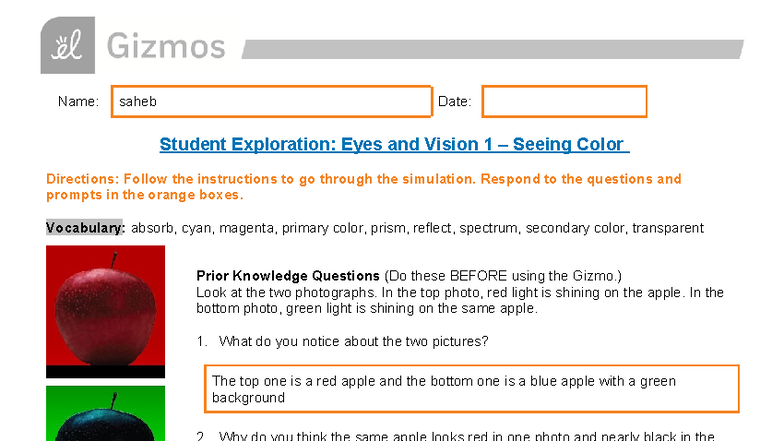 Jimmy Ko - Student Exploration: Eyes and Vision 1 - Seeing Color - Studocu