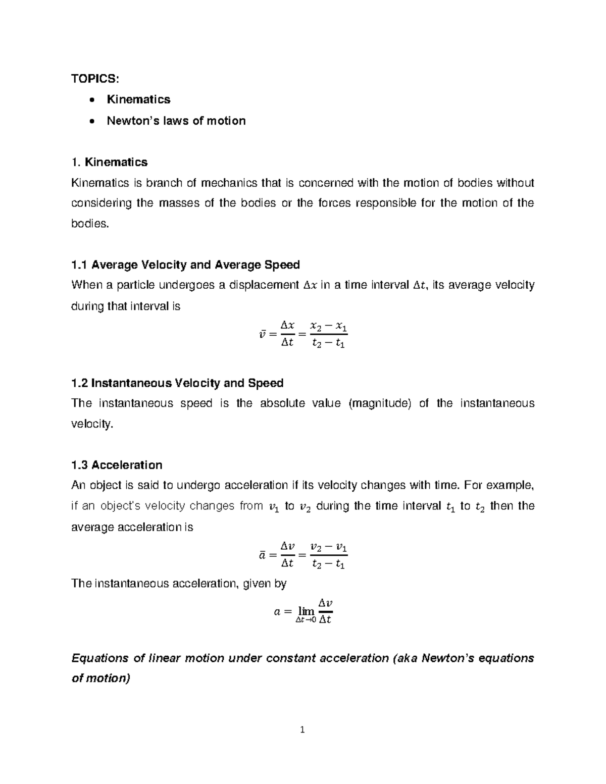 1a. Newton's Laws of Motion and Kinematics Overview - Studocu