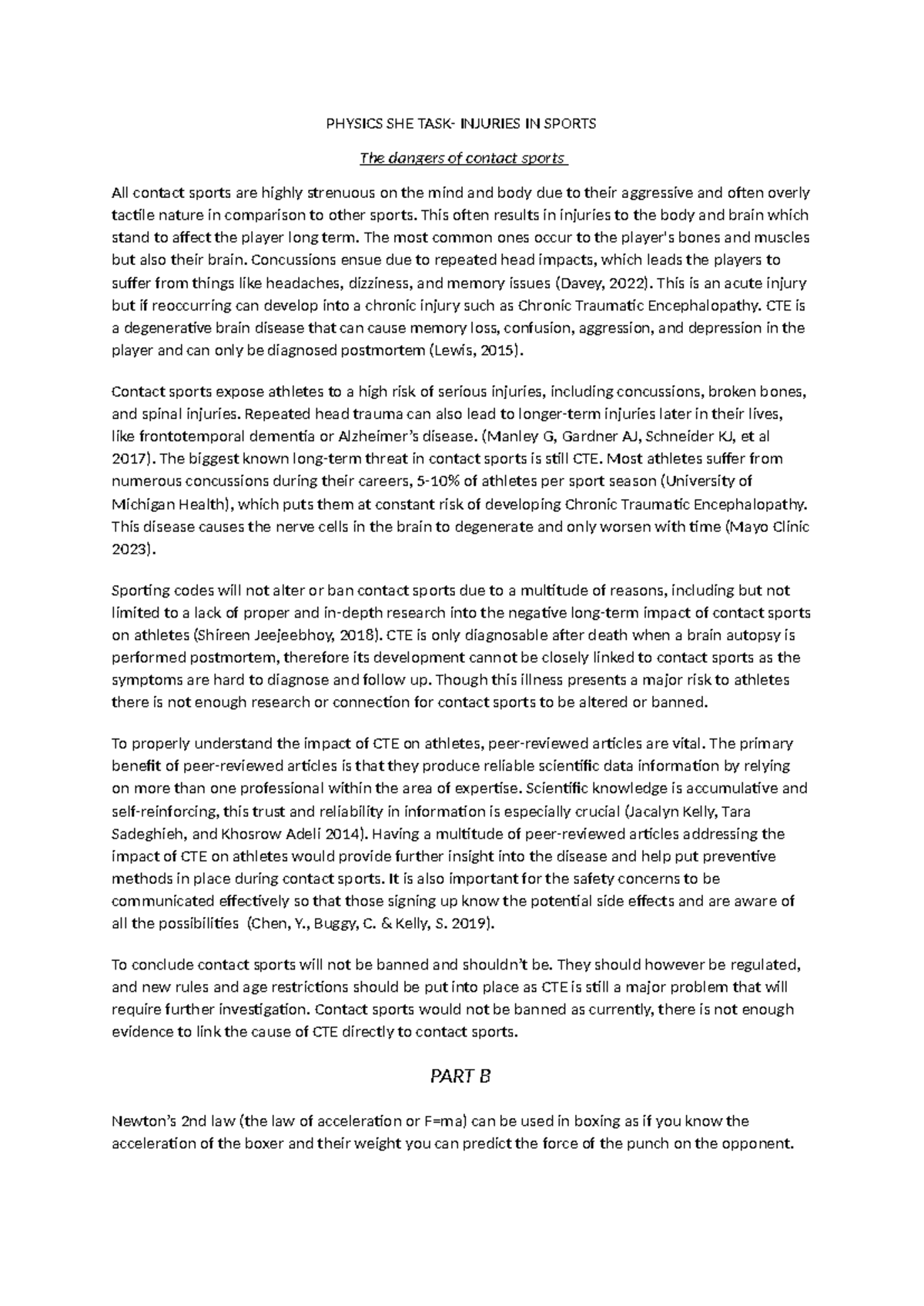 Physics SHE TASK - Impact of Injuries in Contact Sports - Studocu