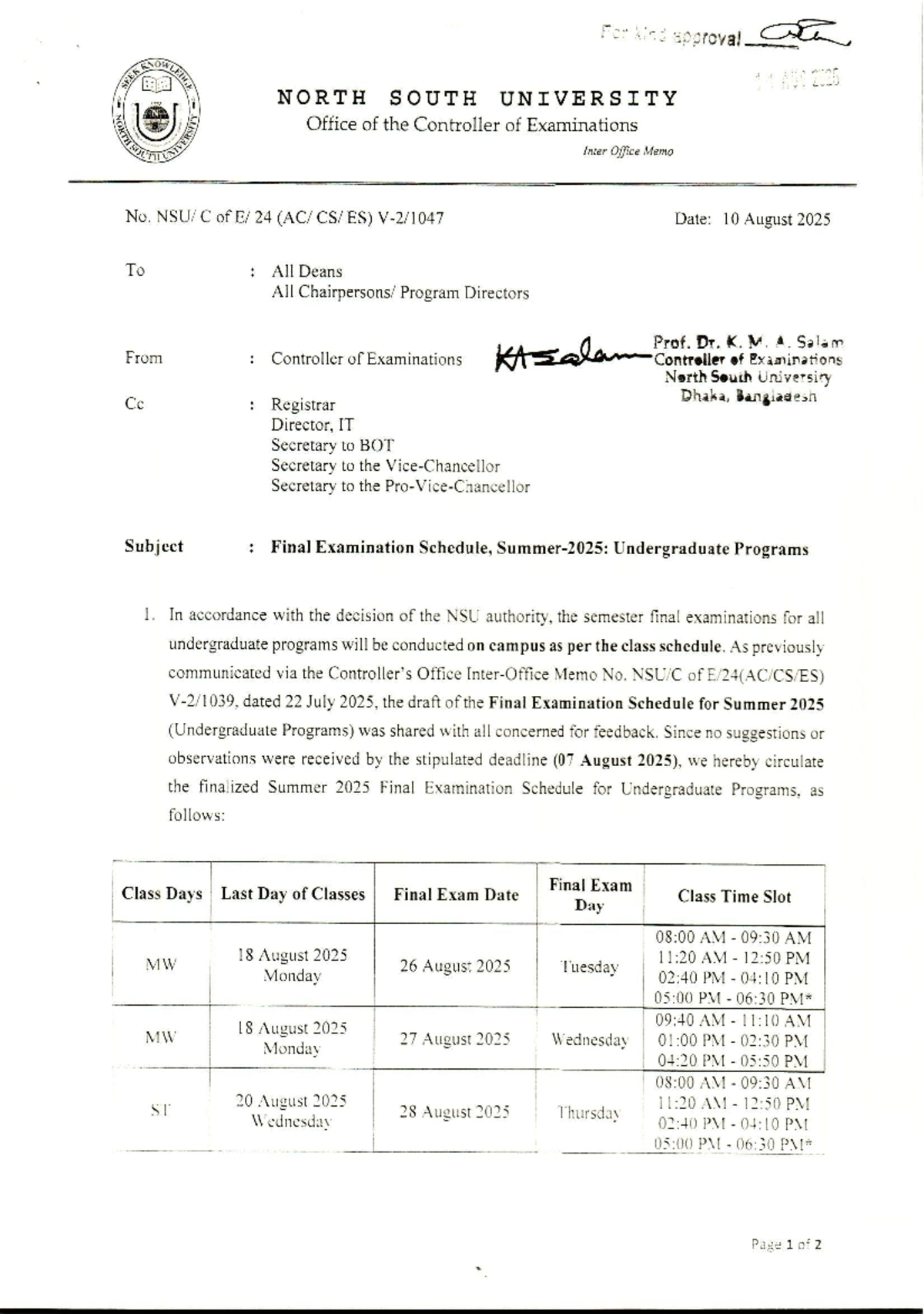 Final Exam Schedule for Summer 2025 - NSU Undergraduate Programs - Studocu
