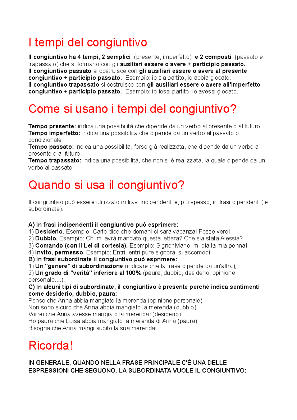 Esercizi congiuntivo - I tempi del congiuntivo Il congiuntivo ha 4 ...