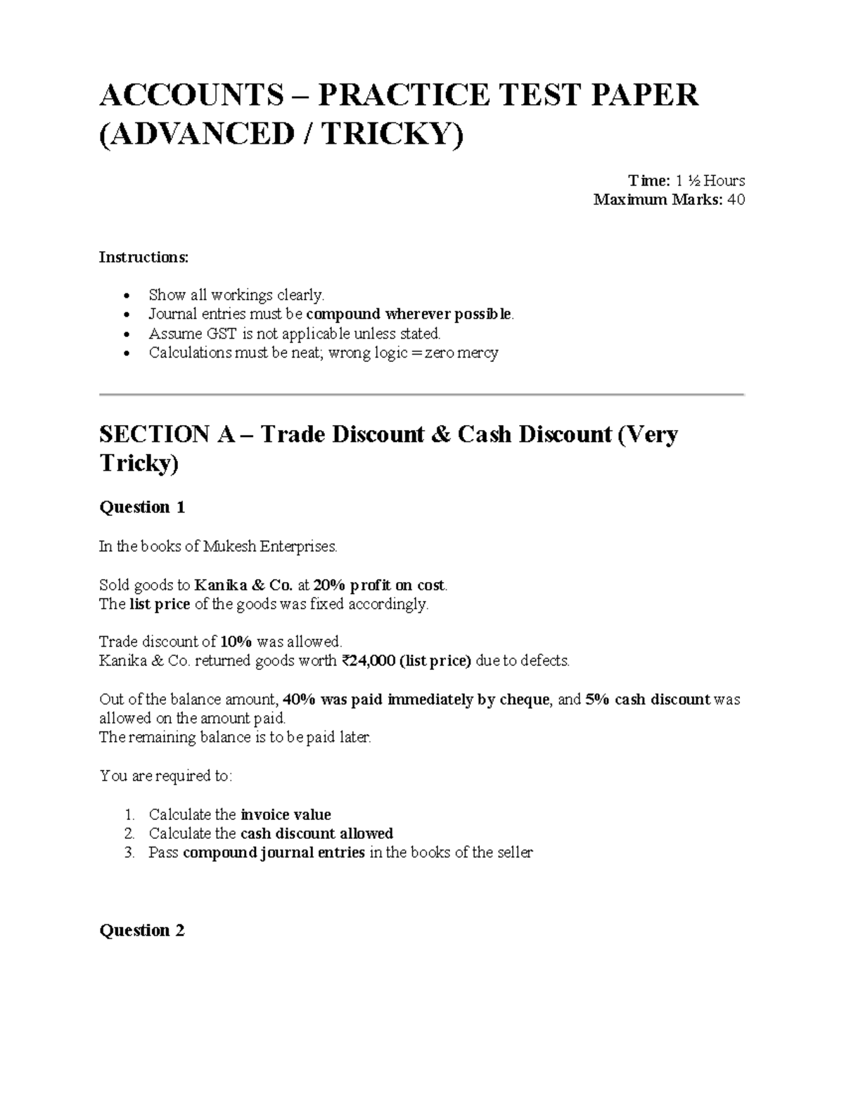 ACC 101: Advanced Accounts Practice Test Paper - Journal Entries - Studocu