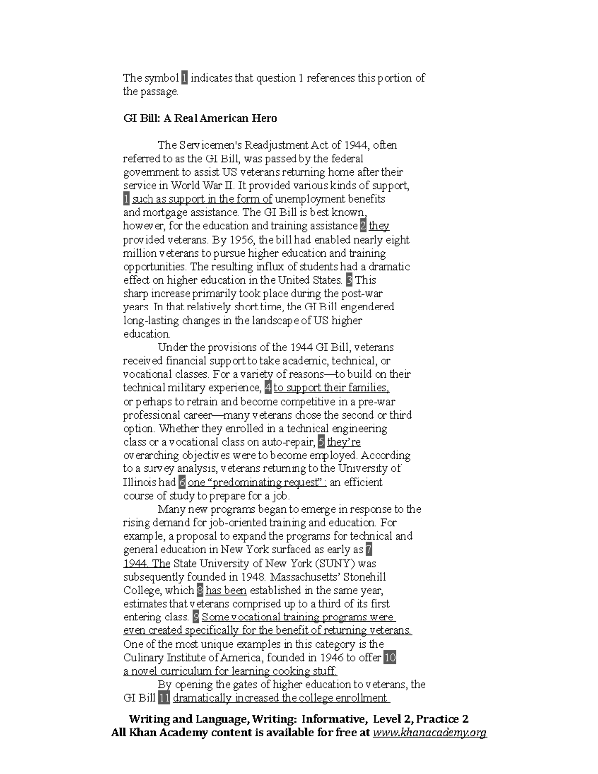 Writing and Language, Level 2, Informative Practice 2 - GI Bill Impact ...