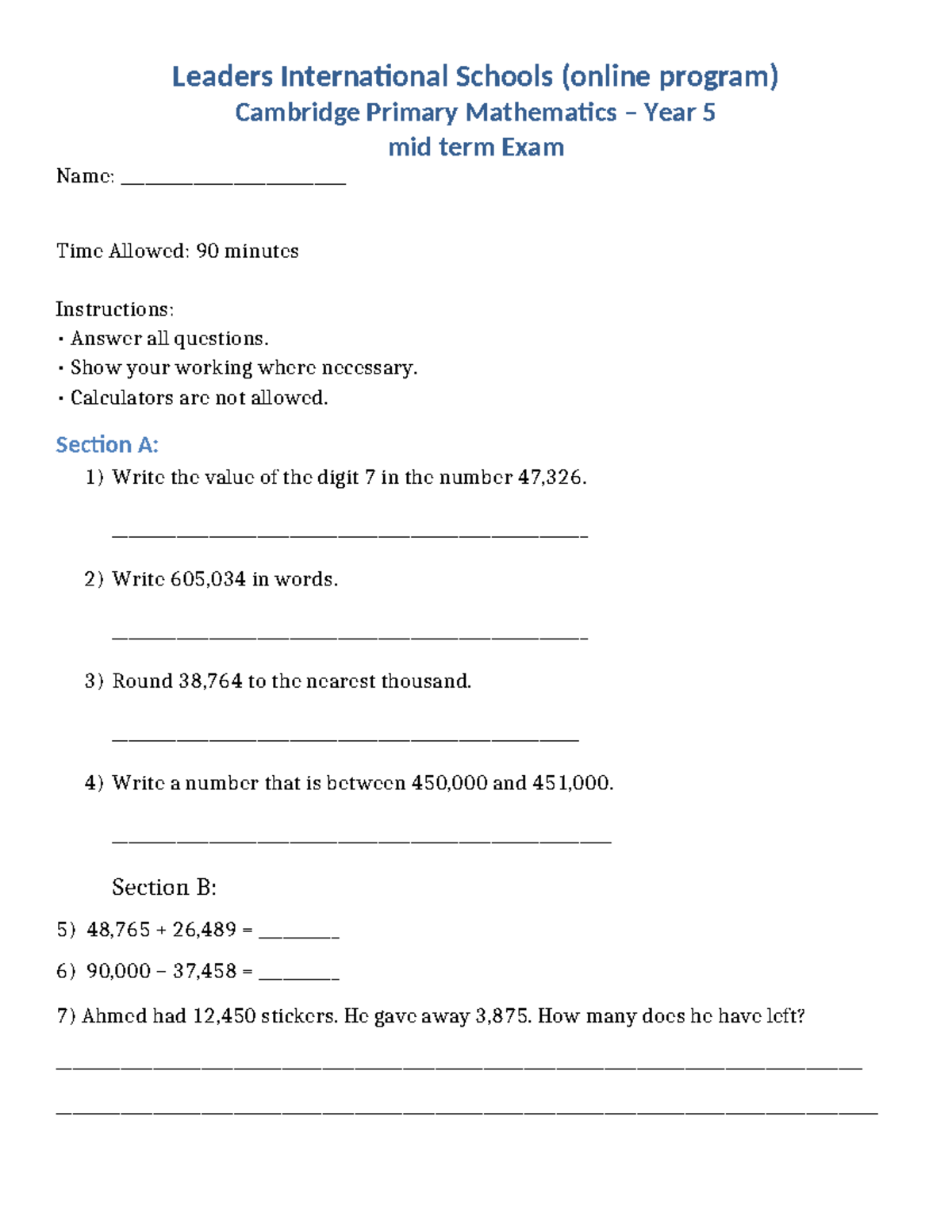 Cambridge Primary Math Year 5 Midterm Exam (90 min) - Studocu