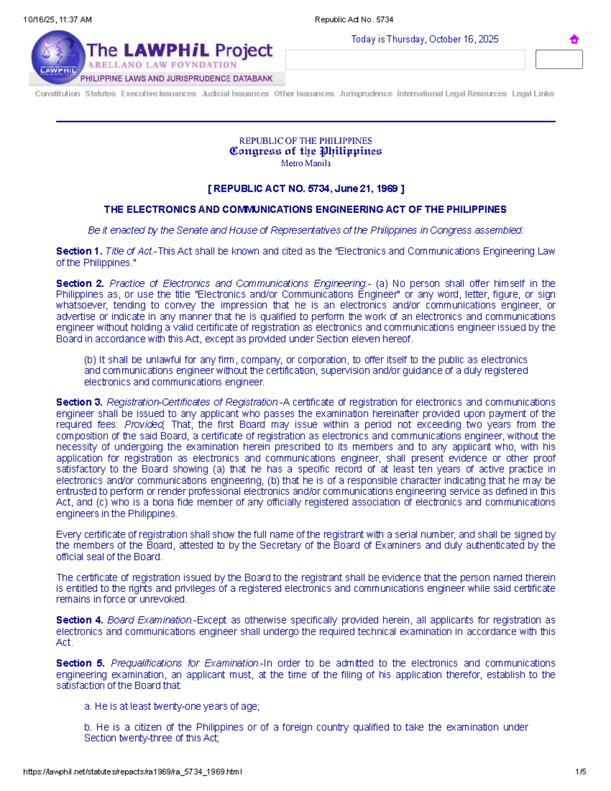 Republic Act No. 5734: The Electronics and Communications Engineering Act - Studocu