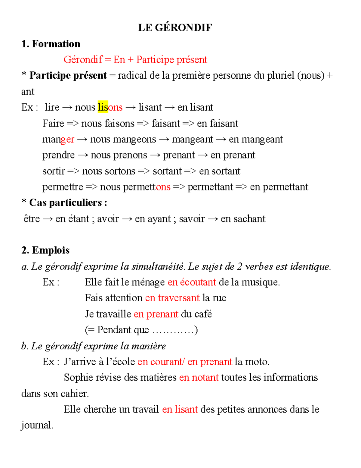 Bài tập Gérondif - LE GÉRONDIF 1. Formation Gérondif = En + Participe ...