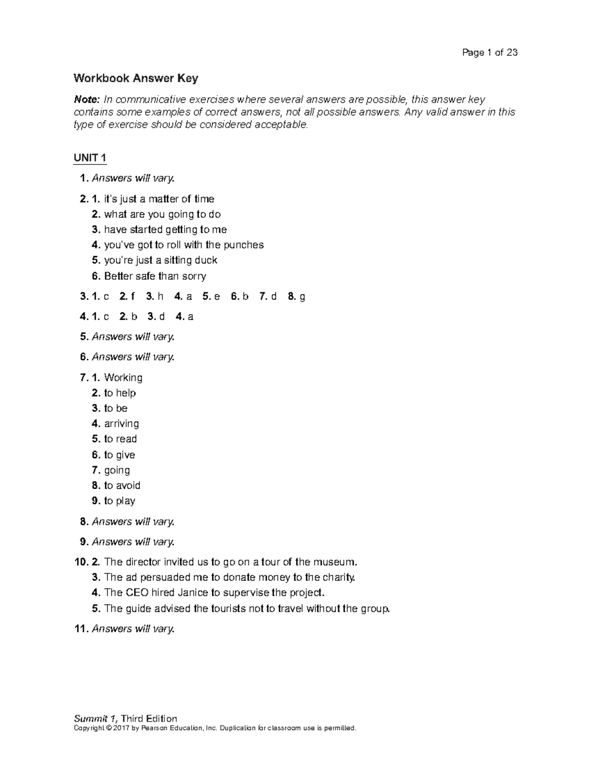 Summit 1 Workbook Answer Key: Third Edition Solutions Guide - Studocu