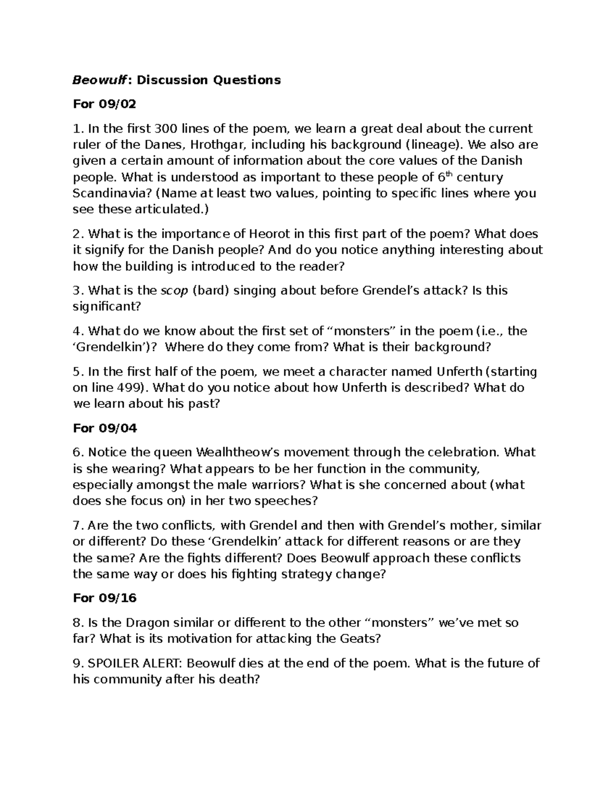 Beowulf: Discussion Questions on Themes & Characters - Studocu